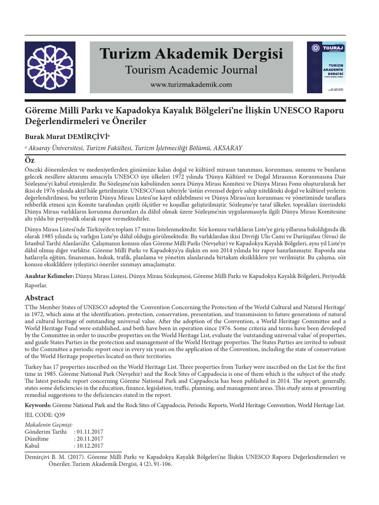 G Reme Mill Park Ve Kapadokya Kayal K B Lgeleri Ne Li Kin UNESCO Raporu de Erlendirmeleri Ve ...