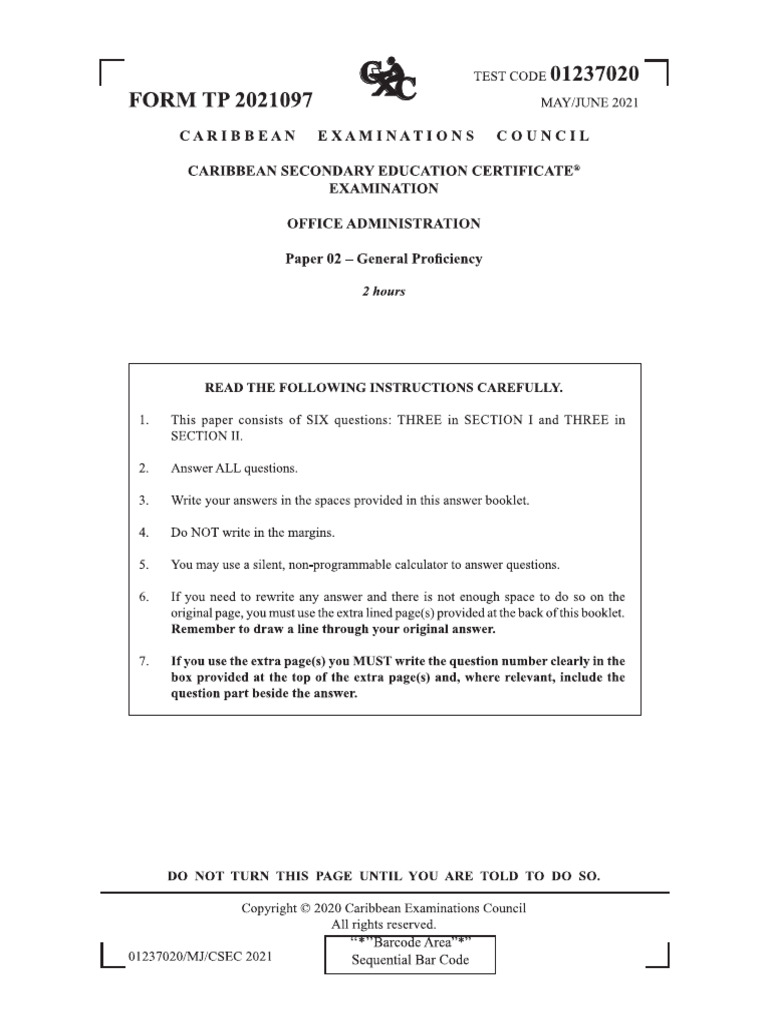 Office Administration Paper 2 2021 | PDF
