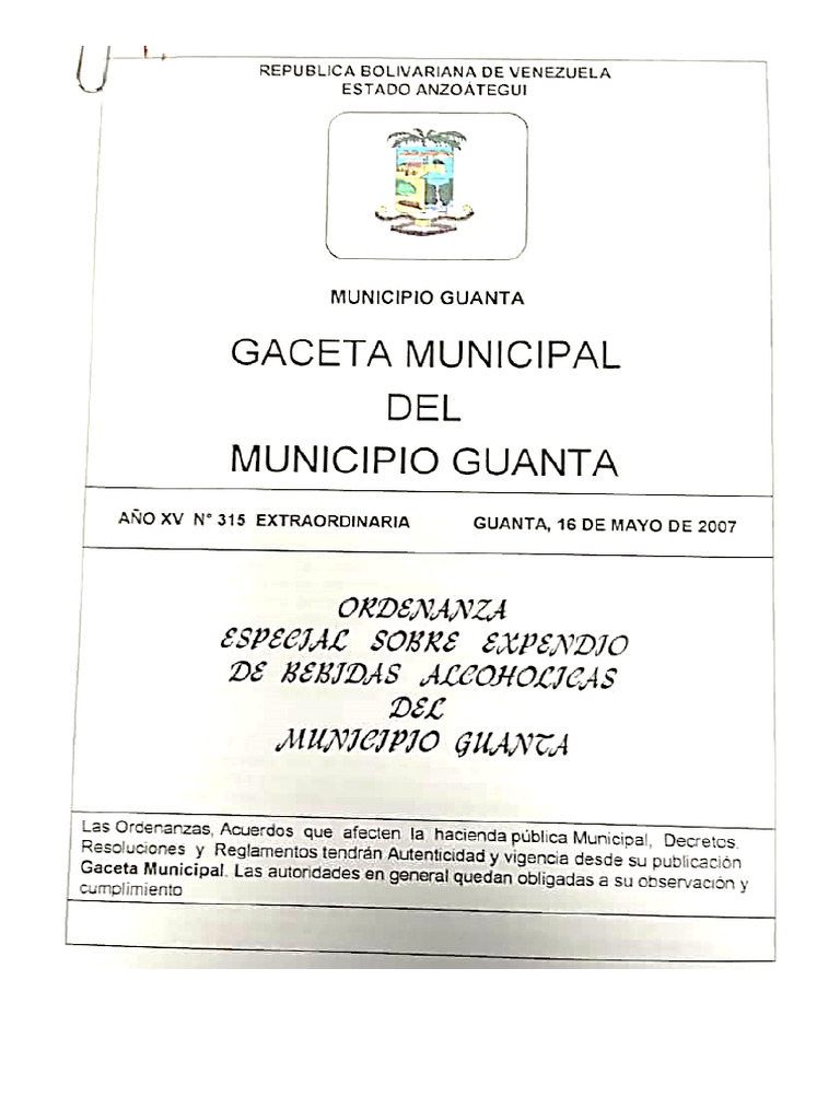 Ordenanza Especial Sobre Expendio de Bebidas Alcohólicas Del Municipio ...