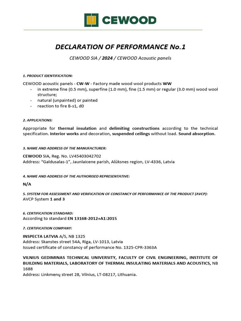 2024 CEWOOD Acoustic DOP ENG | PDF | Building Engineering | Building ...
