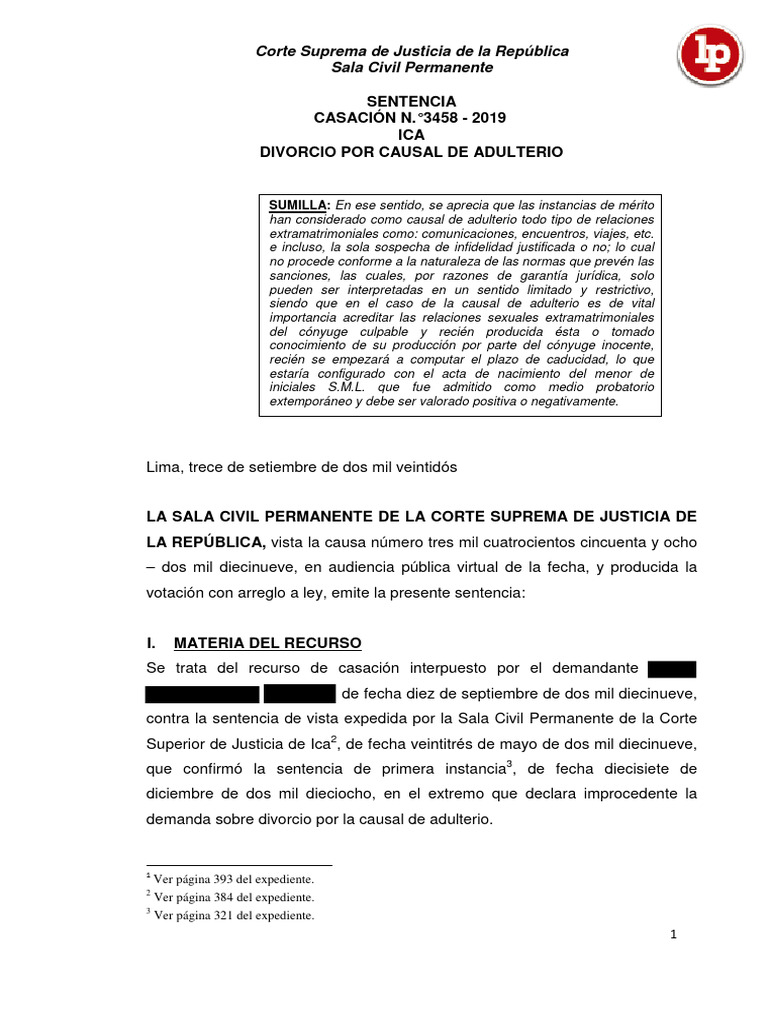 Casacion 3458 2019 Ica LPDerecho | PDF | Debido al proceso | Divorcio