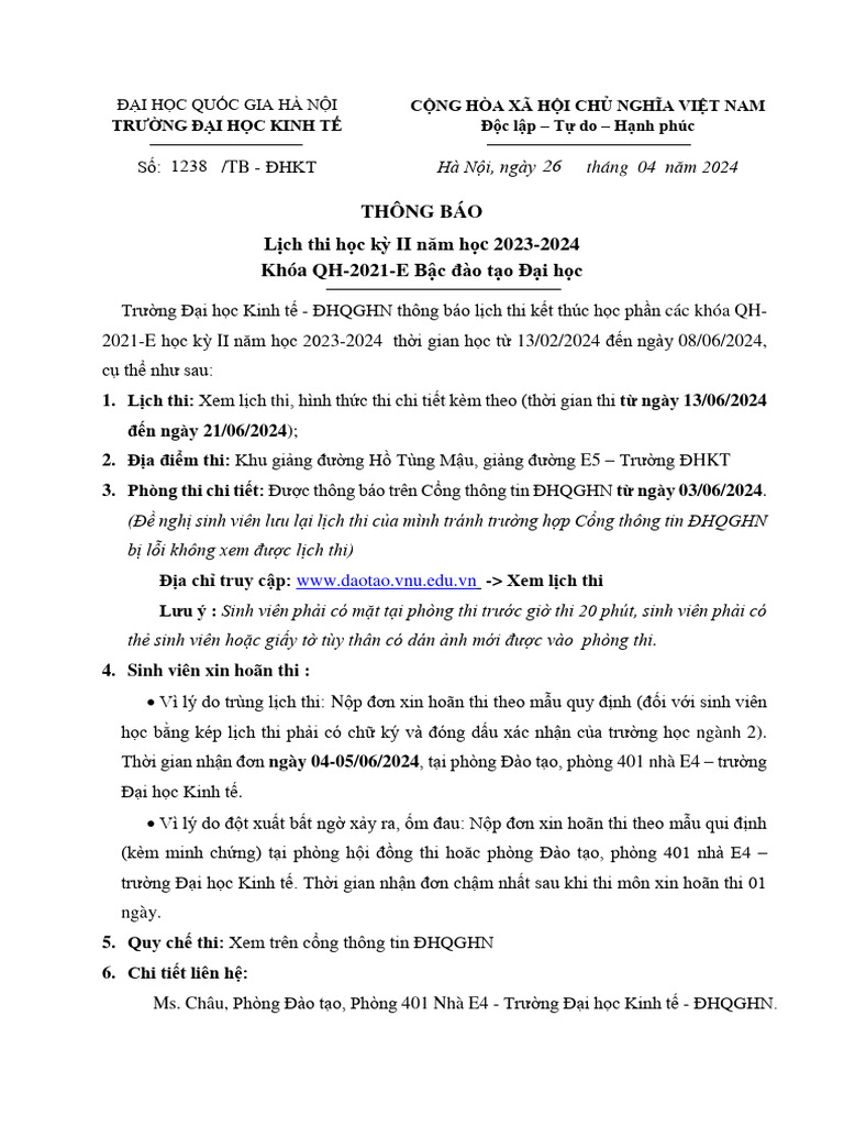 1238 Signed - Signed.CV Lich Thi HK II 23-24 (Khóa QH-2021-E) | PDF