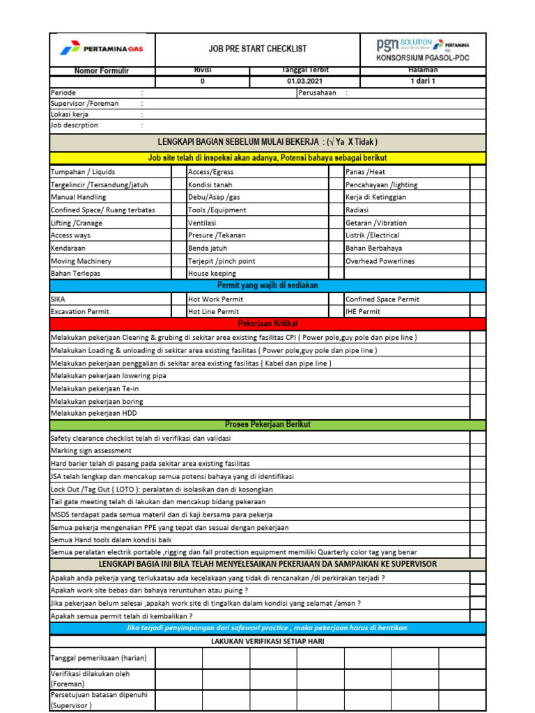 Job Pre Start Check List | PDF