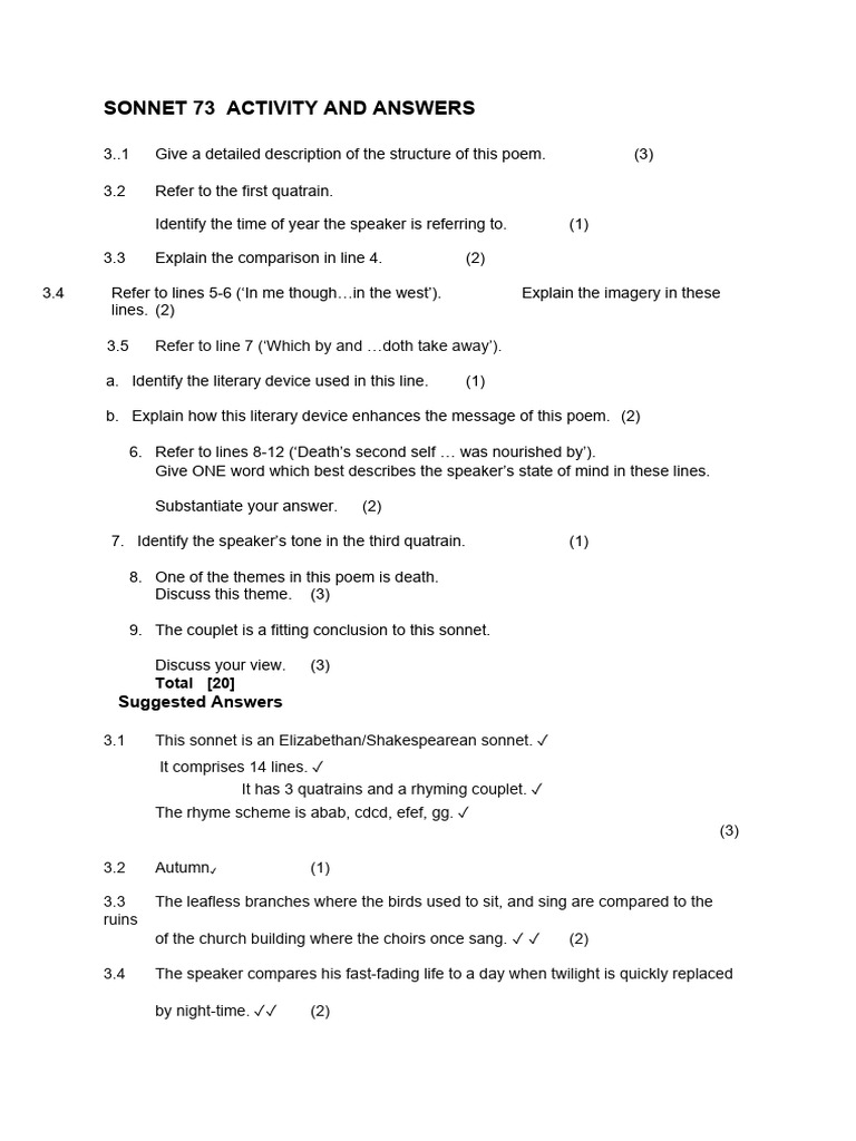 Sonnet 73 Activity 1 Answers 2024 | PDF | Sonnets | Poems