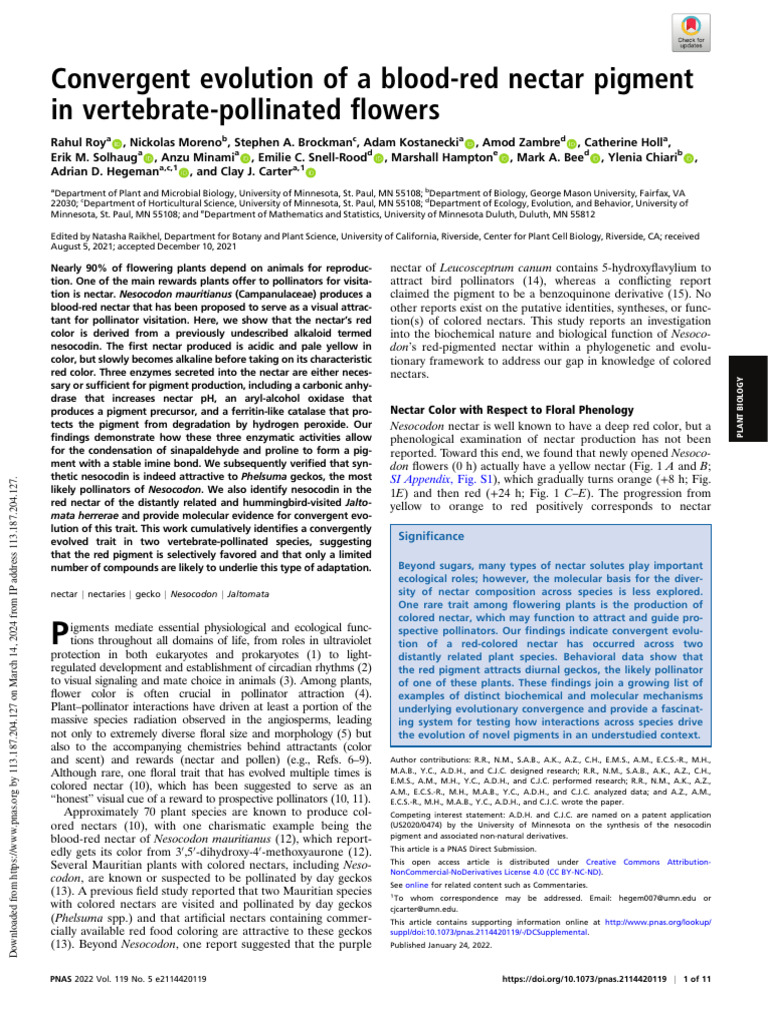 Convergent Evolution of Red Nectar | PDF | Chemistry | Biology