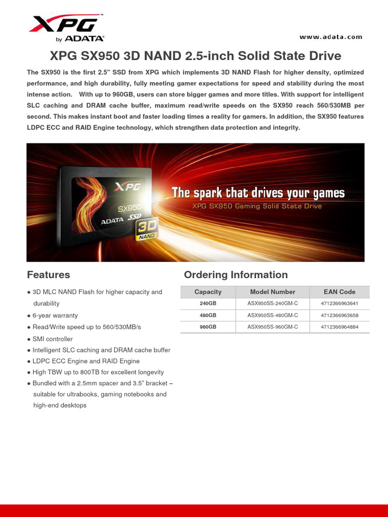 XPG SX950 3D NAND SSD Overview | PDF | Flash Memory | Computer Memory