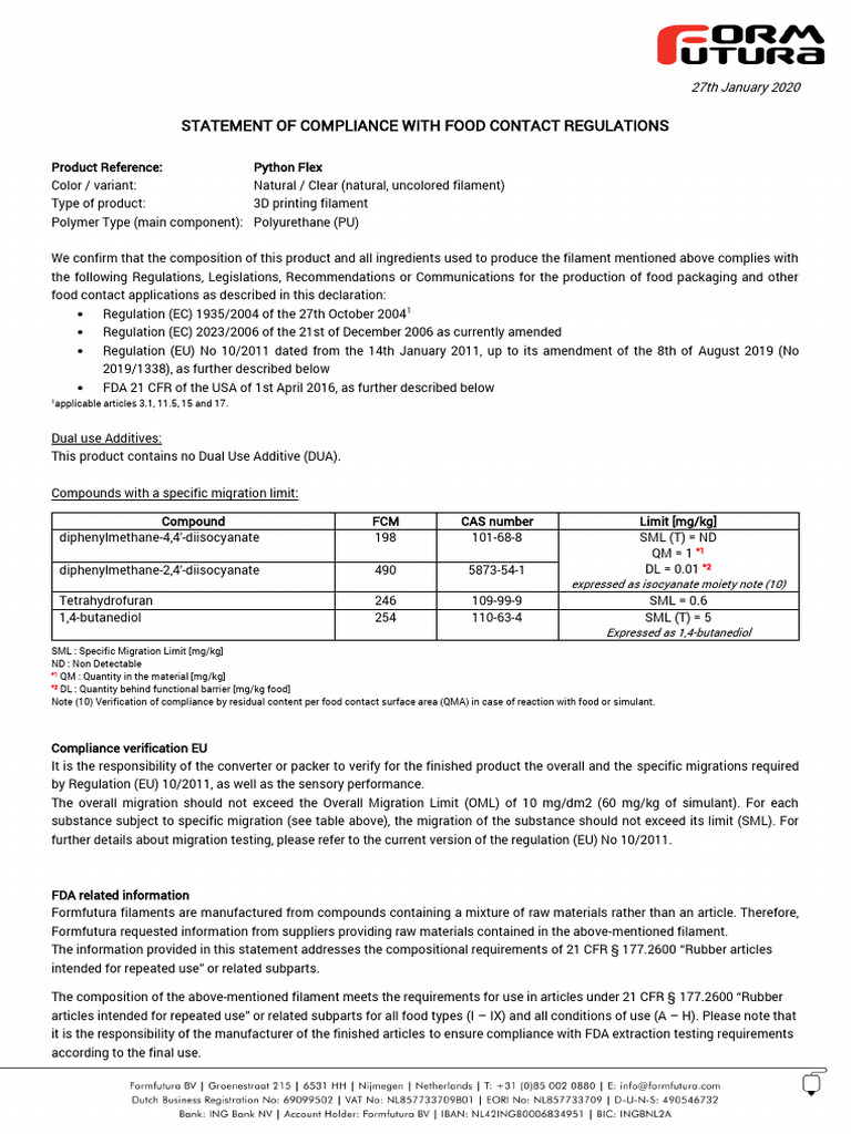 Statement of Compliance With Food Contact Regulations - Python Flex | PDF