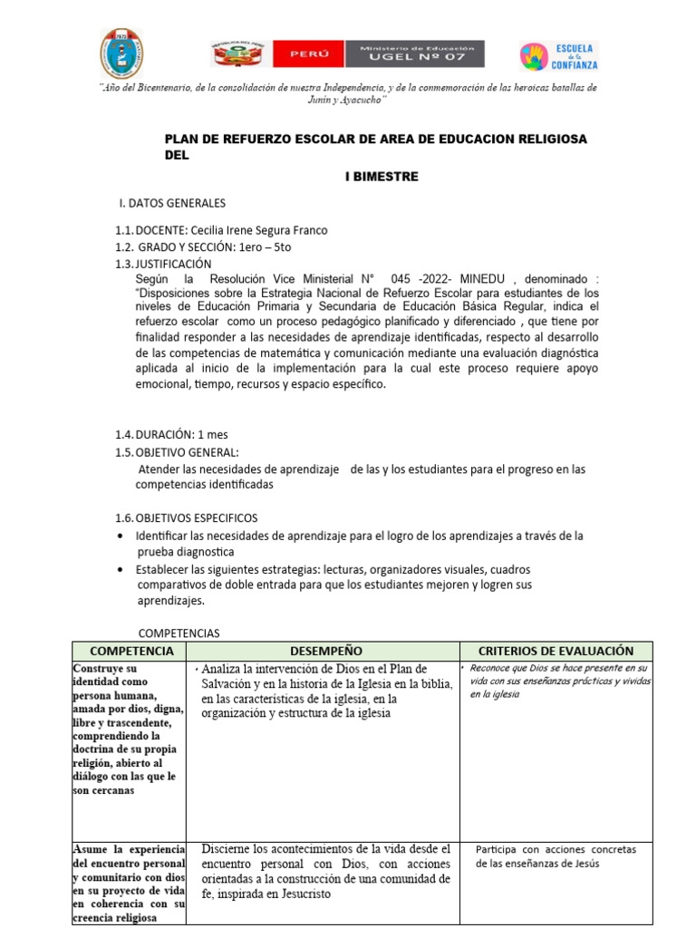 Esquema - Plan de Refuerzo Religion | PDF | Aprendizaje | Evaluación