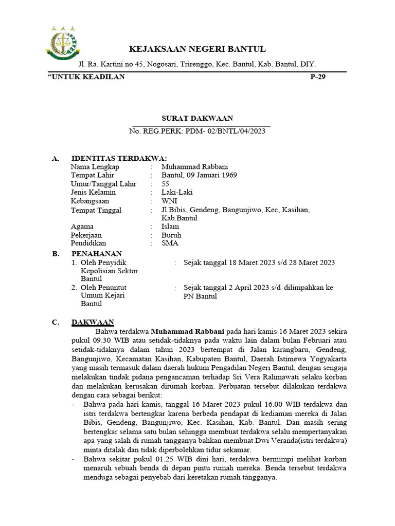 Surat Dakwaan - Johan Permana Putra - 20220610184 | PDF