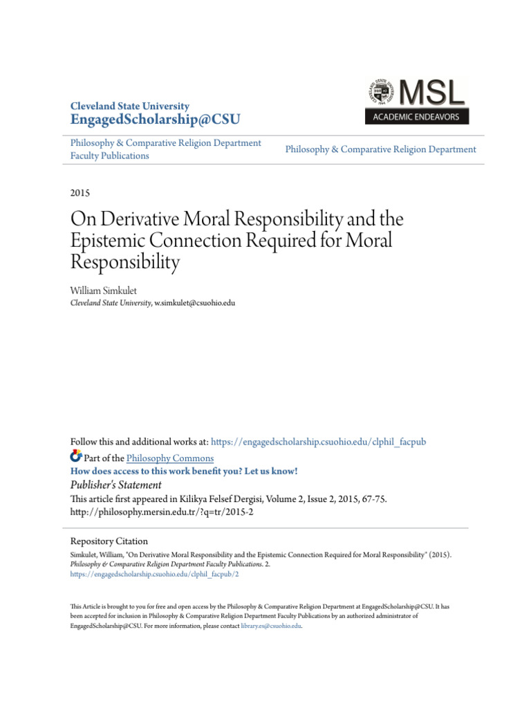 On Derivative Moral Responsibility and The Epistemic Connection R | PDF ...