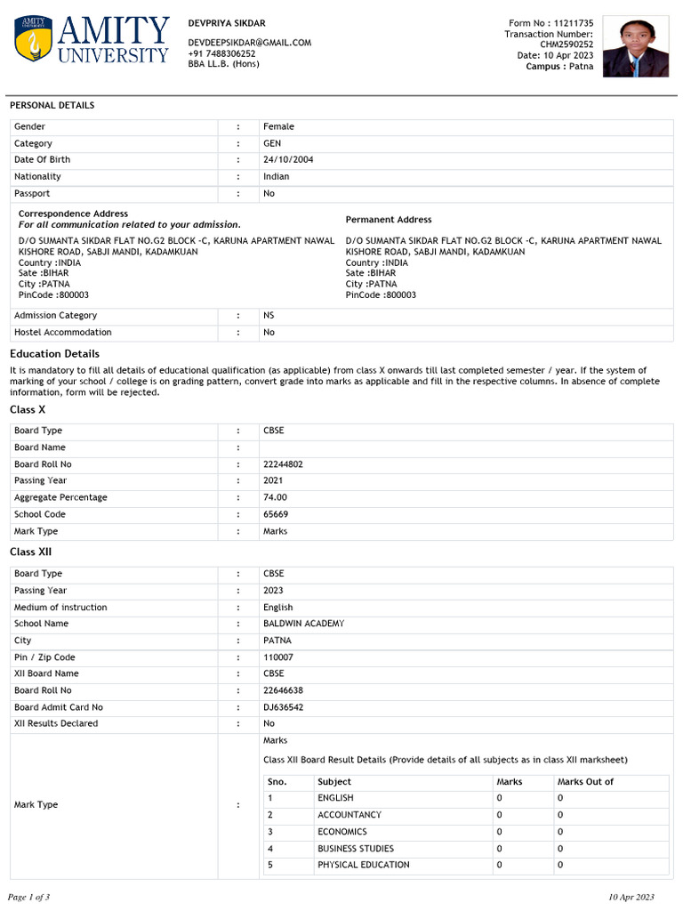 Amity Admission Form | PDF