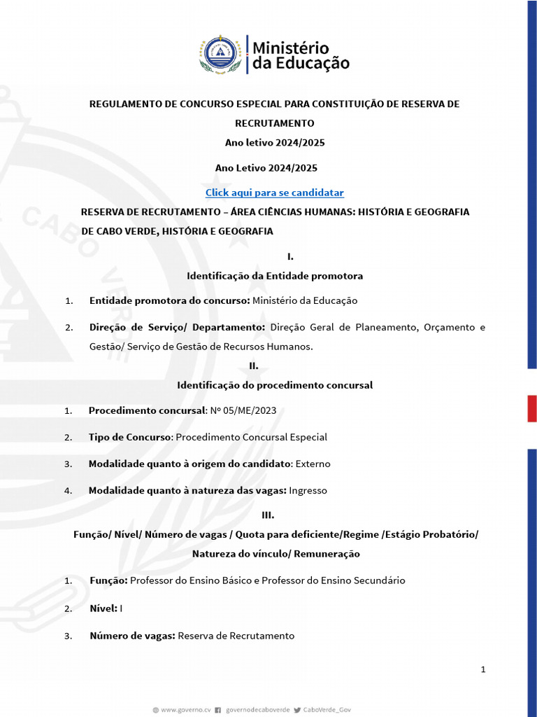 Regulamento Concurso Especial Nº05 - ME - 2023 - Ciências Humanas - Professor Ensino Básico ...