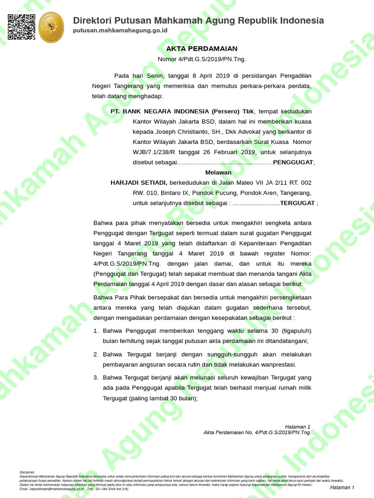 Akta Perdamaian PN Tangerang 2019 | PDF