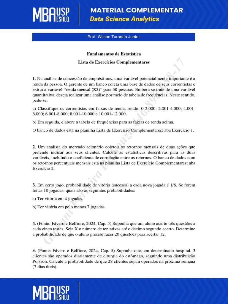 Lista de Exercícios - Complementares | PDF | Métodos e Materiais de Ensino