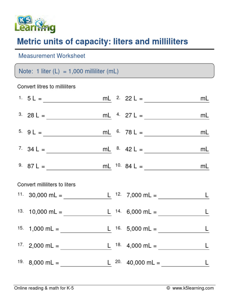 Metric Units of Capacity: Liters and Milliliters: Measurement Worksheet | PDF | Litre | Metrology
