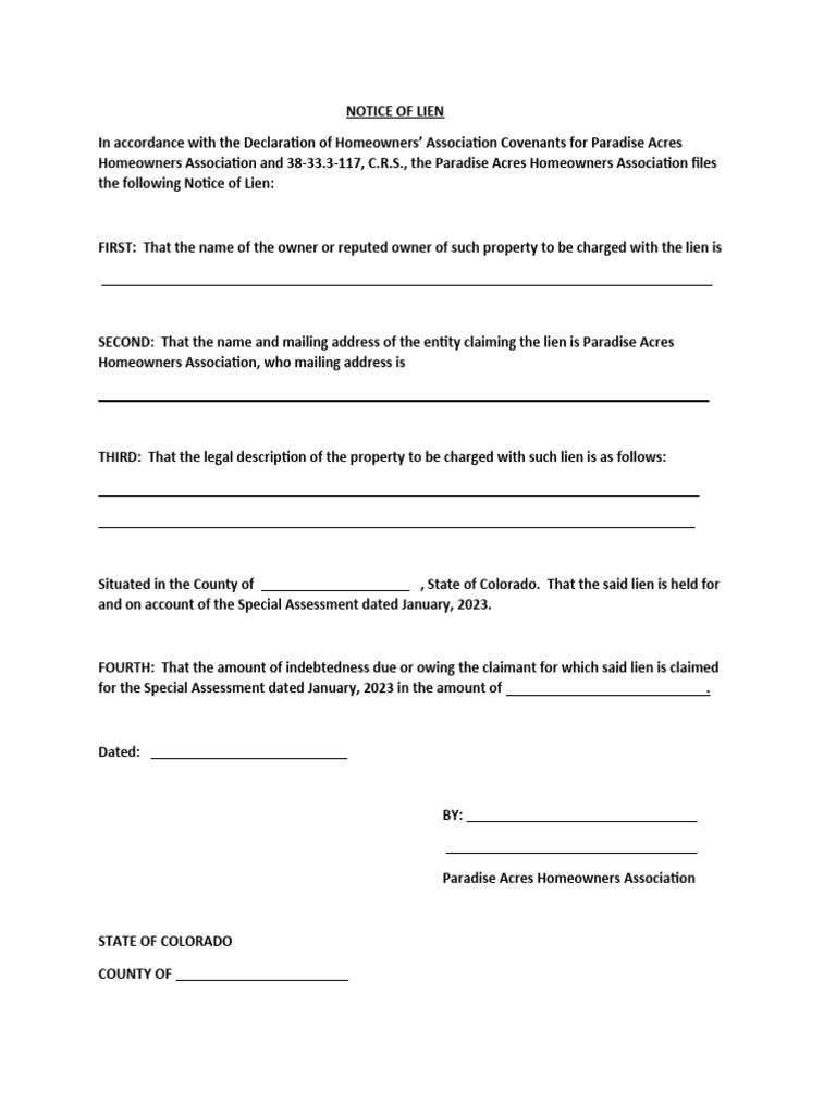 Special Assessment Sample Lien | PDF | Politics | Social Science