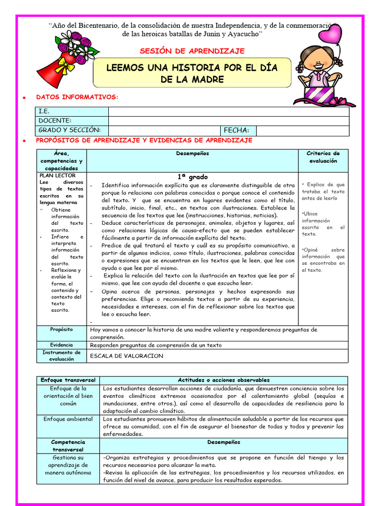 1º U2 S5 Sesion D4 Plan Lector Leemos Una Historia Por El Dia de La Madre | PDF | Aprendizaje