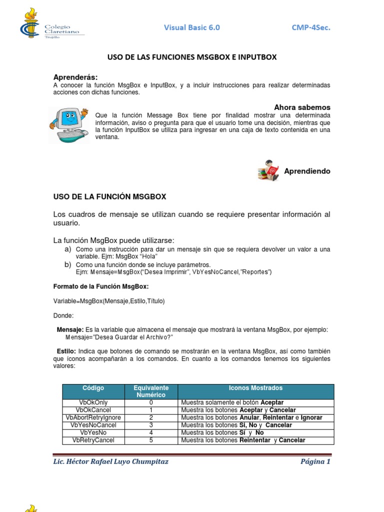 Uso de Las Funciones Msgbox e Inputbox | Descargar gratis PDF | Ventana (informática) | Básico