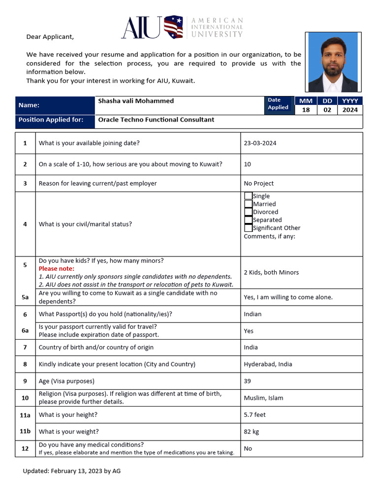 AIU Prescreening Questionnaire-Overseas-Updated February 2023 | PDF ...