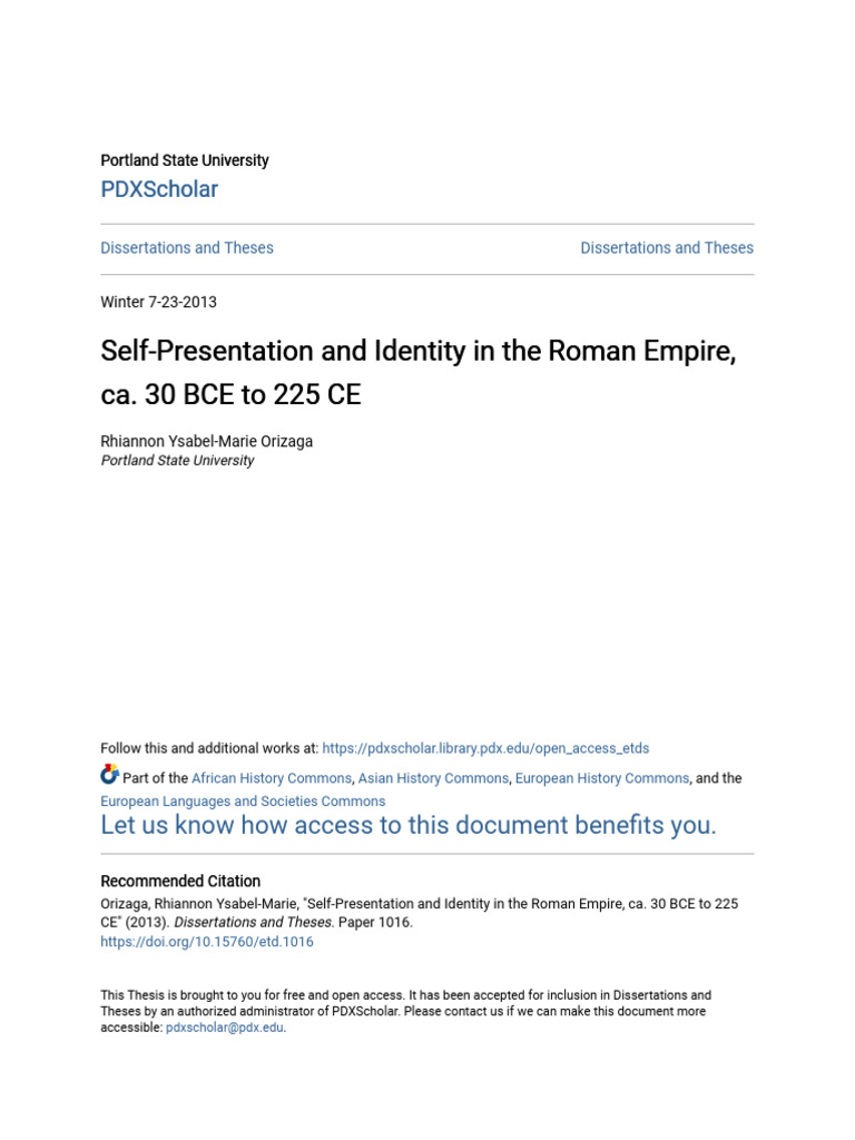 Self-Presentation and Identity in The Roman Empire CA. 30 BCE To ...