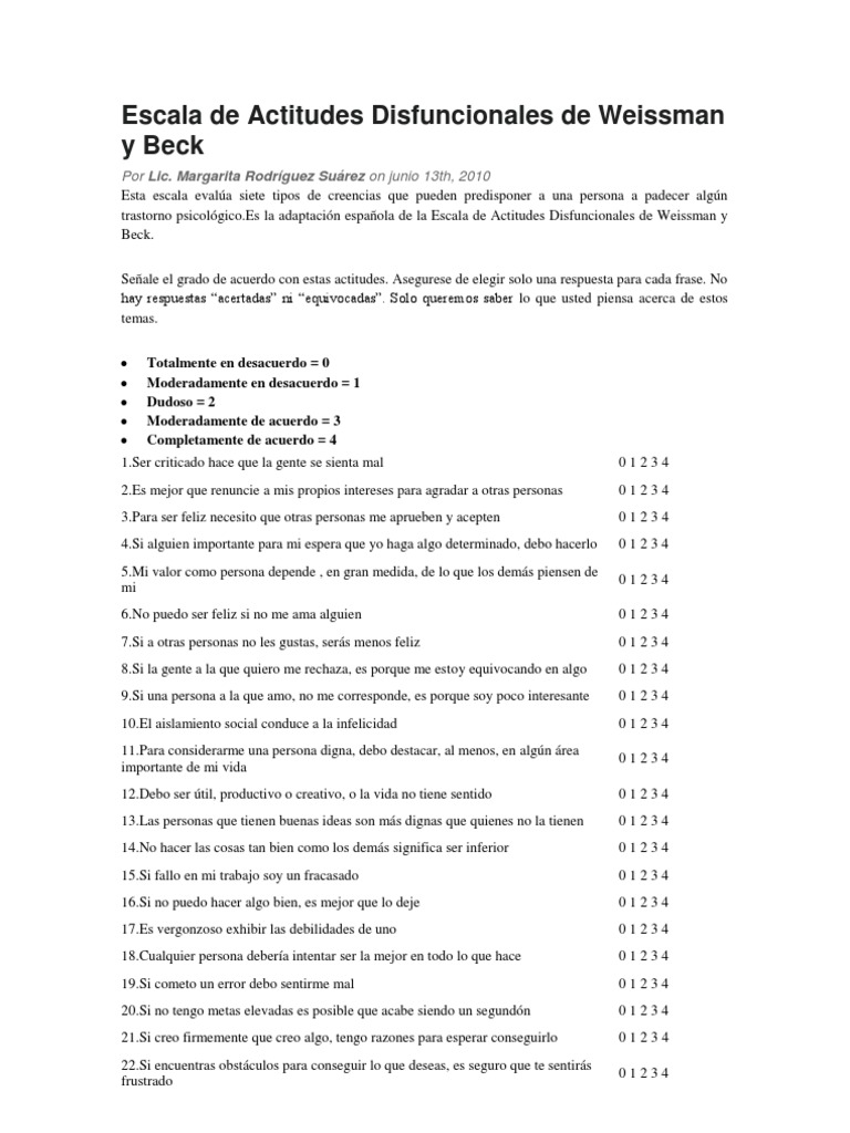Escala de Actitudes Dis Funcionales de Weissman y Beck | Felicidad y ...
