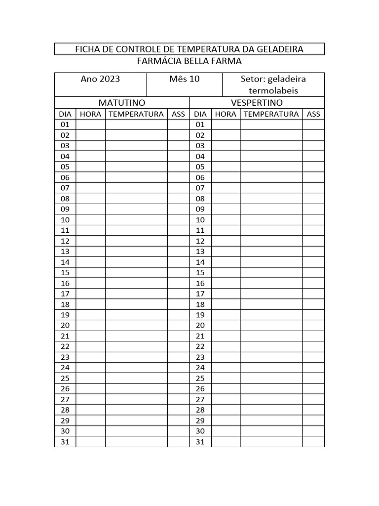 Ficha de Controle de Temperatura Da Geladeira | PDF