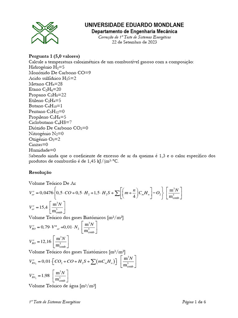 Correccao Do 1o Teste de SE 2023 | PDF | Combustão | Dióxido de carbono Correccao Do 1o Teste de SE 2023 | PDF | Combustão | Dióxido de carbono