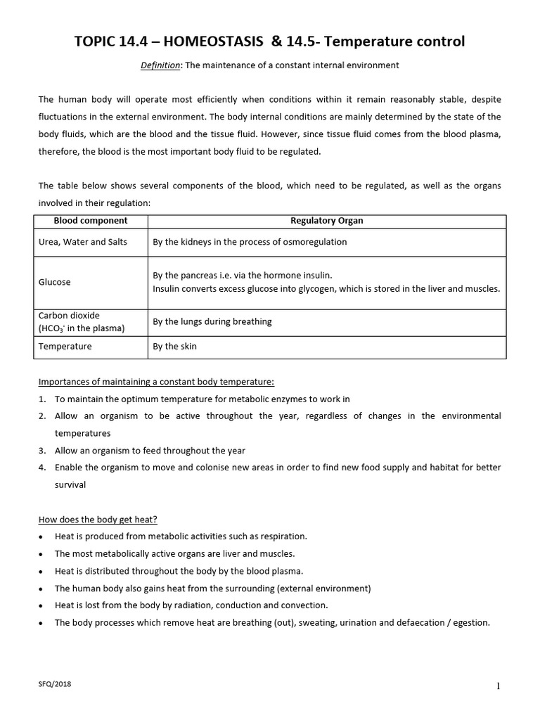 Topic 14.4 Homeostasis Topic 14.5 Control of Temperature | PDF | Skin | Homeostasis