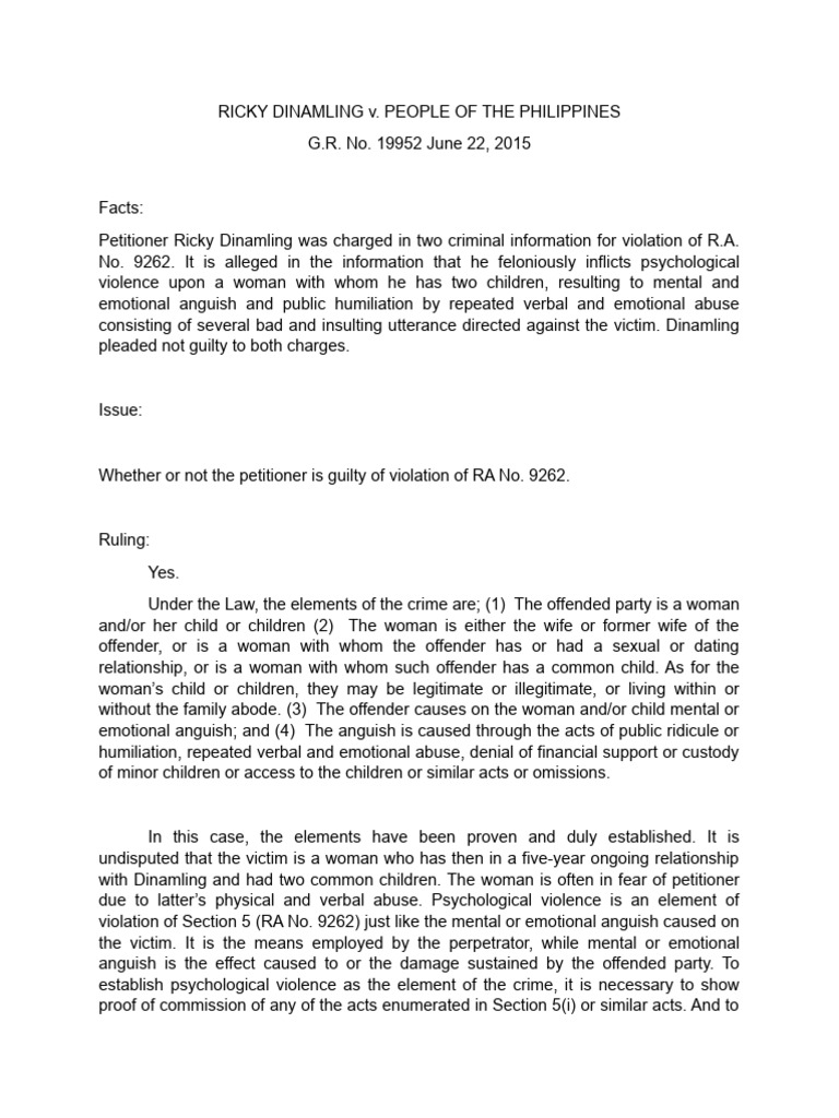 Dinamling v. People: RA 9262 Violation | PDF | Violence | Psychological ...
