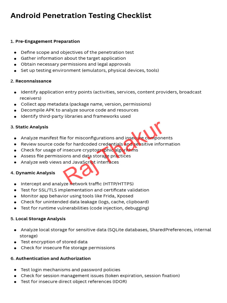 Android Pentration Testing Checklist | PDF | Penetration Test | Software