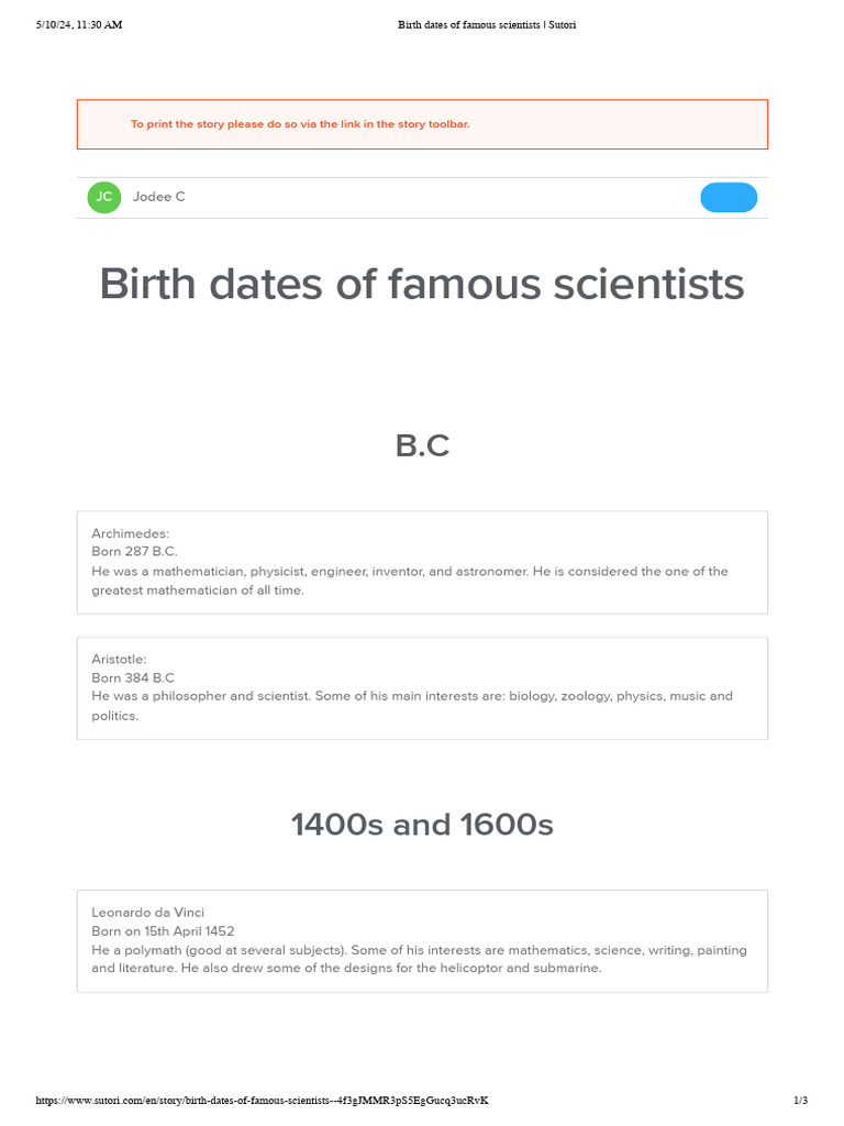 Birth Dates of Famous Scientists - Sutori | PDF | Scientist | Physics