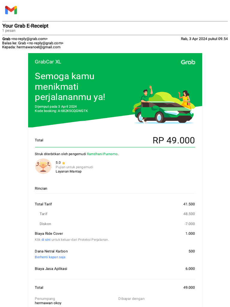 Gmail - Your Grab E-Receipt - Ke Tim Saber | PDF