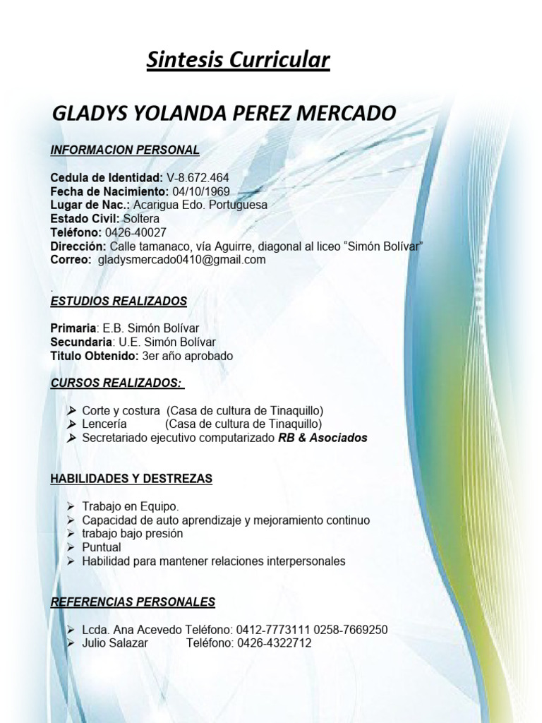 Curriculum GLADYS PEREZ | PDF | Crecimiento personal y profesional