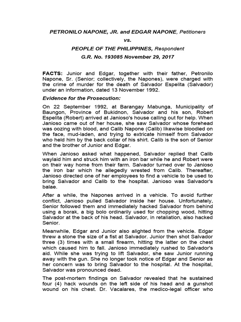 Napone Vs People G.R. No. 193085 | PDF | Self Defense | Autopsy