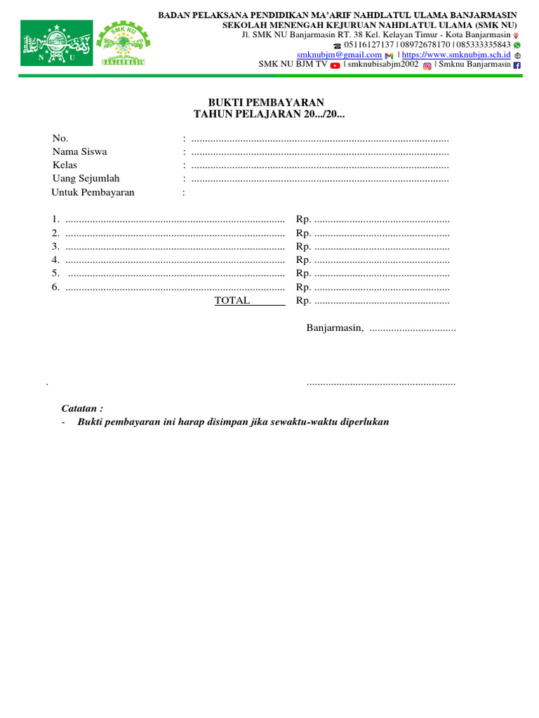 Nota Pembayaran SMK Nubjm Tp. 2023-2024 | PDF