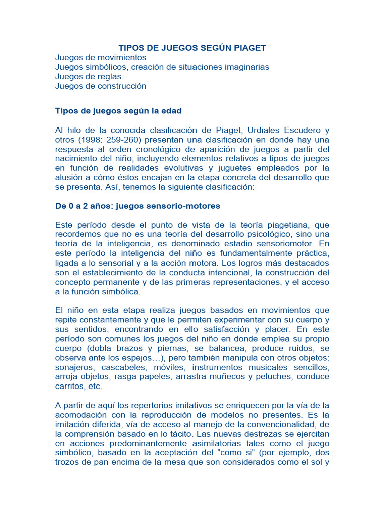 Tipos De Juegos Segun Piaget Pdf Conceptos Psicologicos Cognición
