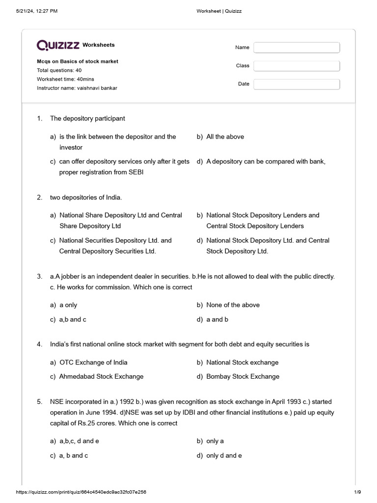 Stock Market Basics Worksheet | PDF | Securities (Finance) | Stocks