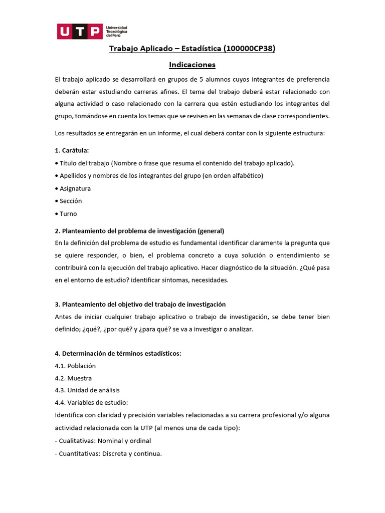 Trabajo Aplicado de Estadística (Indicaciones Del Primer Avance) | PDF | Estadísticas