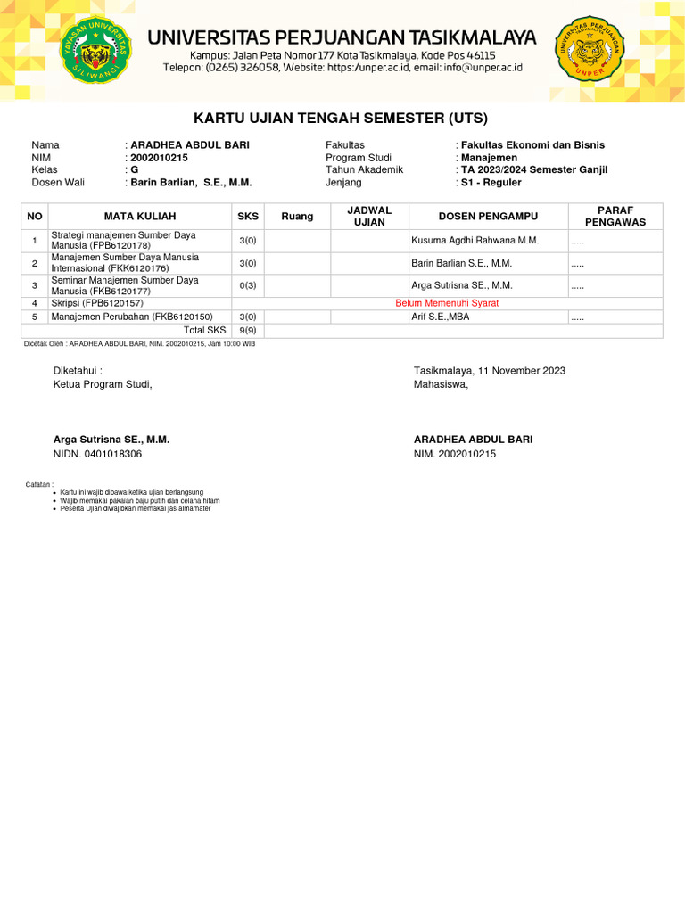 Kartu Ujian Tengah Semester (Uts) : NO Mata Kuliah SKS Ruang Jadwal Ujian Dosen Pengampu Paraf ...