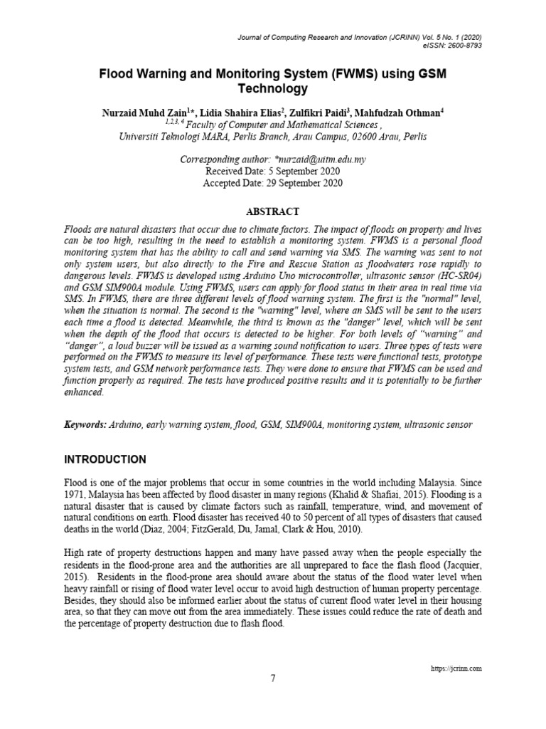 Flood Warning and Monitoring System FWMS Using GSM | PDF | Flood | Arduino