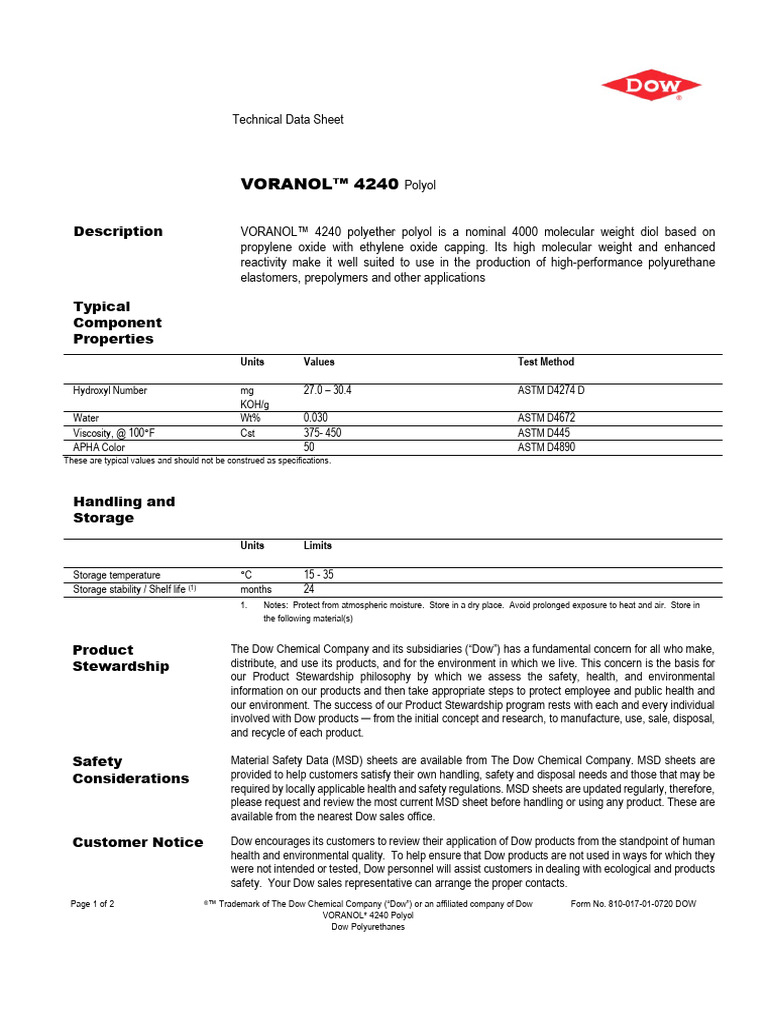 810 023 01 Voranol 4240 Polyol | PDF | Technology & Engineering