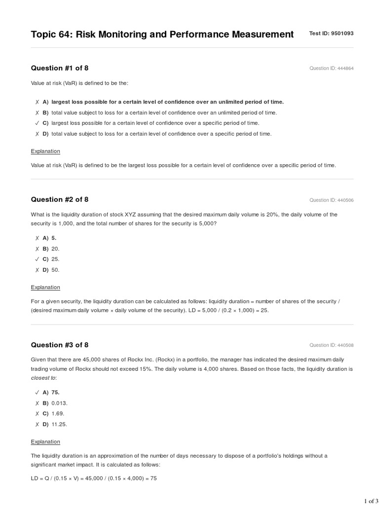 Topic 64 - Risk Monitoring and Performance Measurement Answer | PDF | Value At Risk | Risk