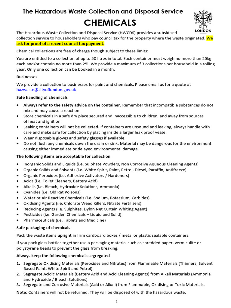 Chemical Information Sheet | PDF | Bleach | Waste