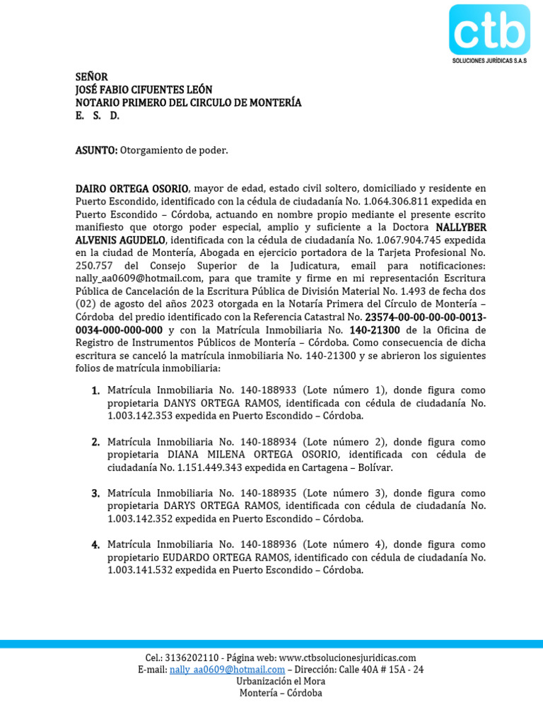 Poder Dairo Ortega Osorio | PDF | Documento de identidad | Derecho Civil (Common Law)