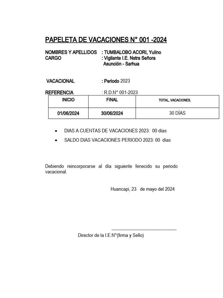Formato de Papeleta de Vacaciones | PDF