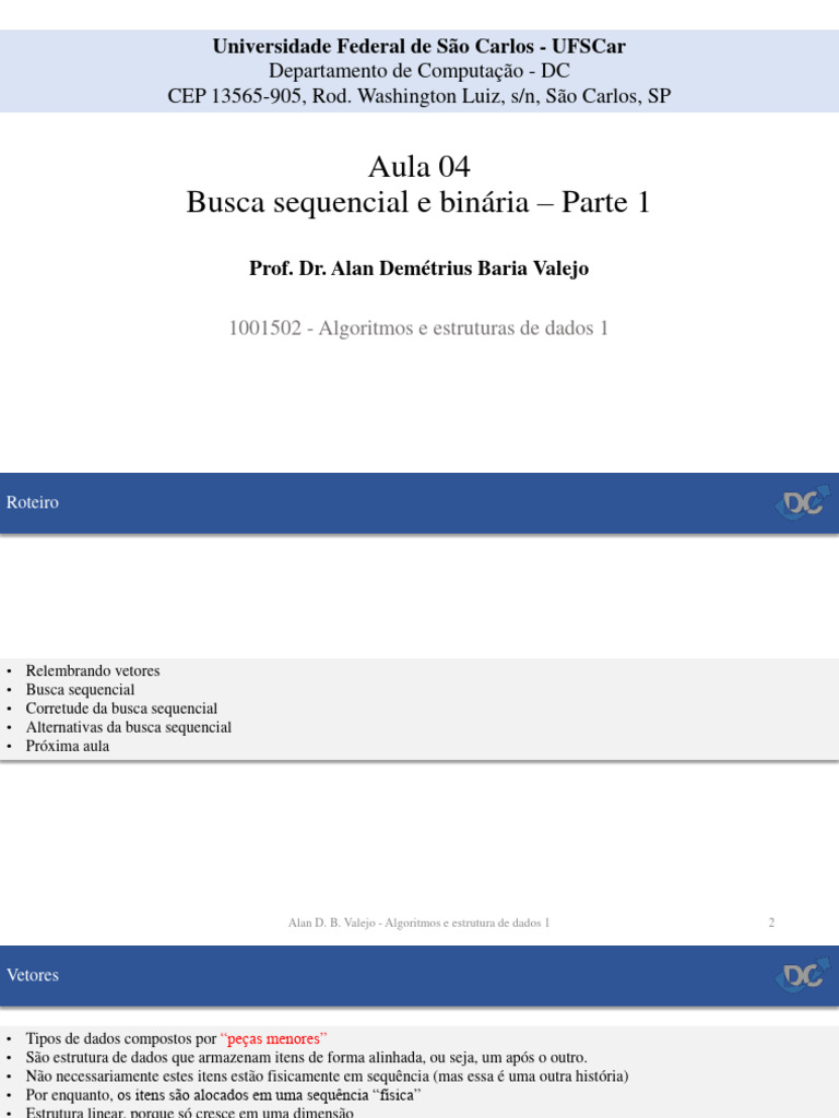 AED - 04 - (Aula) Busca Sequencial e Busca Binária - Parte 1 | PDF | Estrutura de dados | Algoritmos