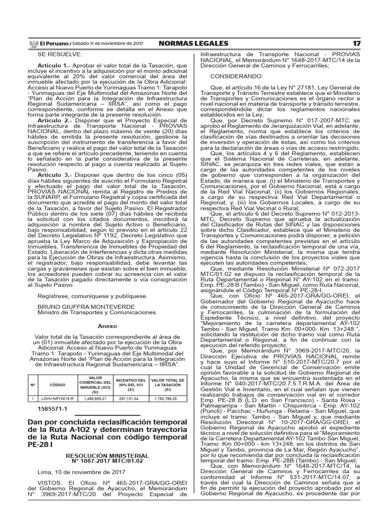 RM #1087-2017-MTC - 01 - 02 | PDF | Perú