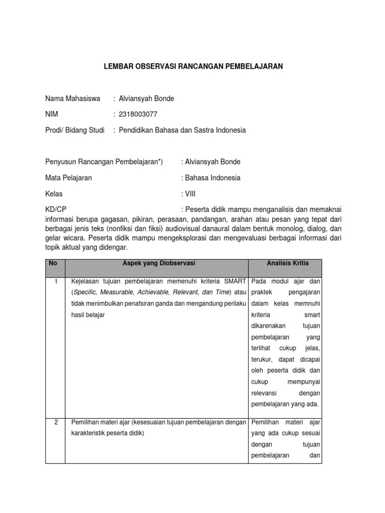 01.05.6-B4-4 Unggah LK 3 - Lembar Observasi Rancangan Dan Perangkat Pembelajaran - Siklus 1 | PDF