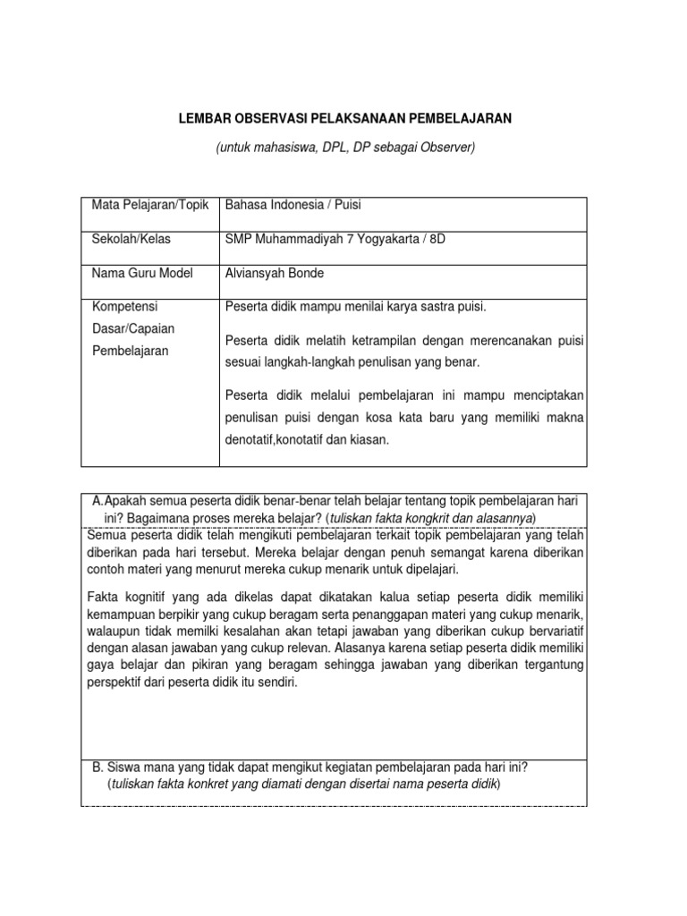 01.05.6-B4-5 Unggah LK 4 - Lembar Observasi Pembelajaran - Siklus 1 | PDF | Seni & Disiplin ...