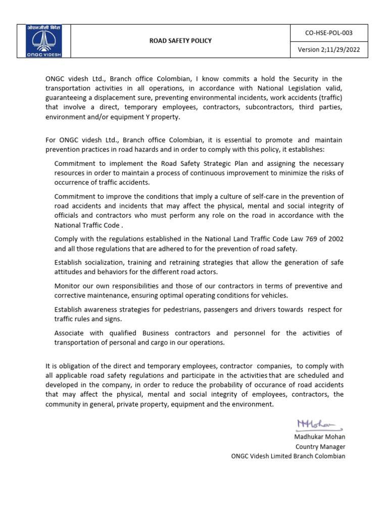 CO HSE POL 003 Rev 2 Road - Safety - Policy | Download Free PDF | Road ...
